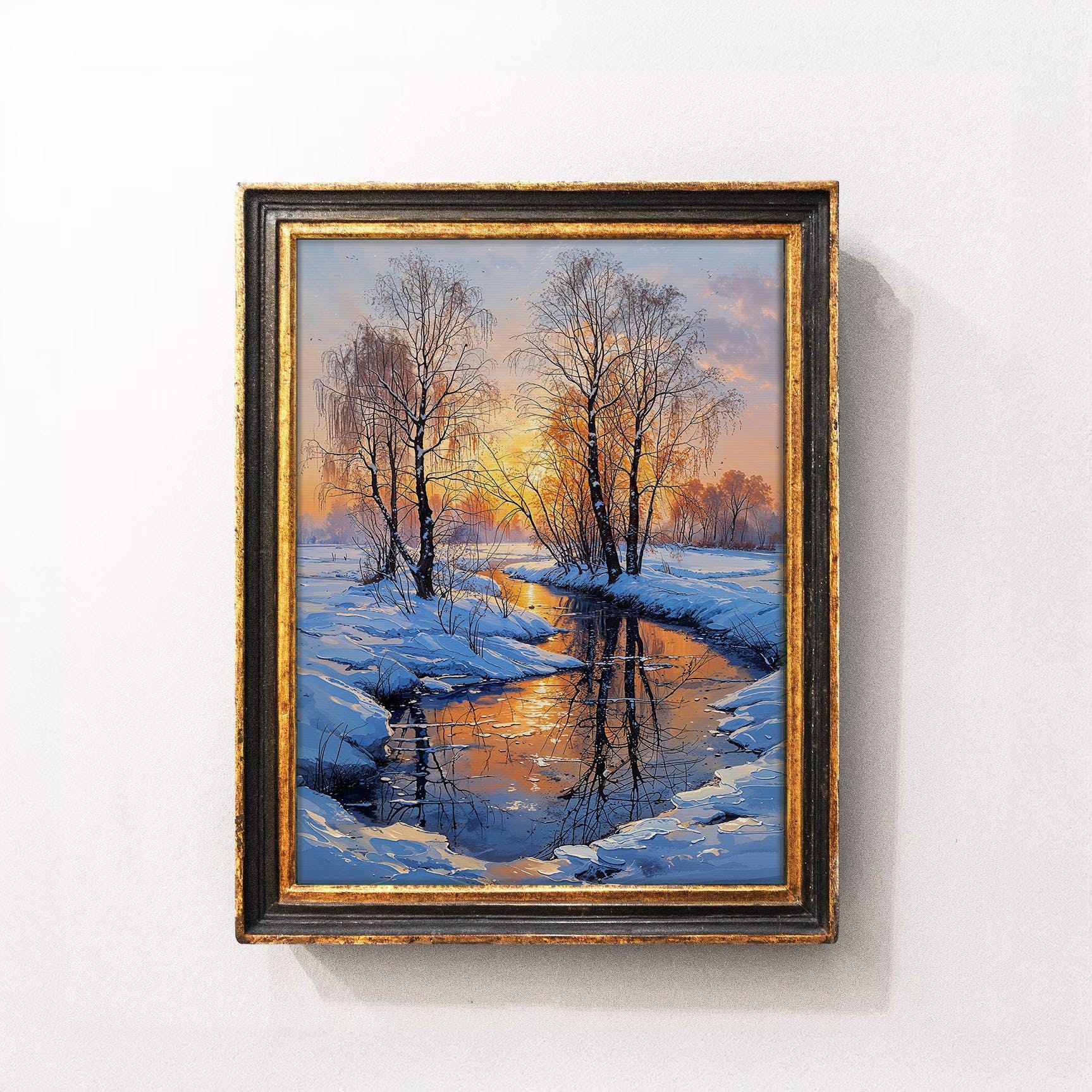 Golden Winter Sunset With Snowy Stream and Bare Trees - Serene ...