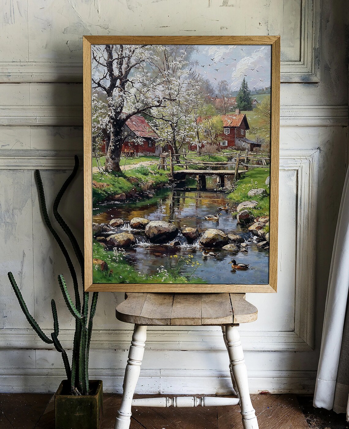 Rustic Springtime Farm With Blossoming Trees and Ducks Tranquil ...