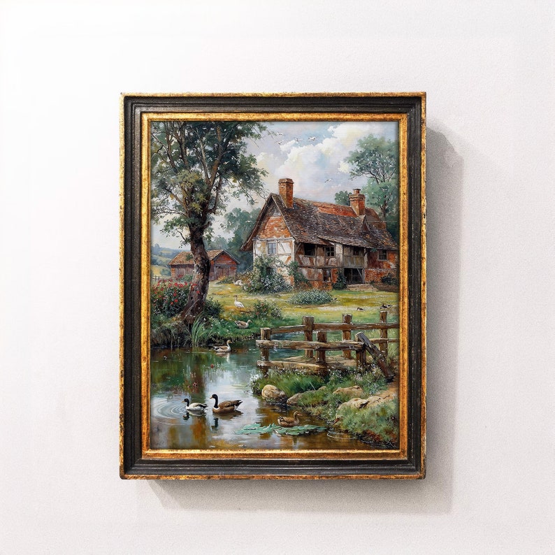 Charming Duck Pond With Rustic Farmhouse - Countryside Printable Art ...