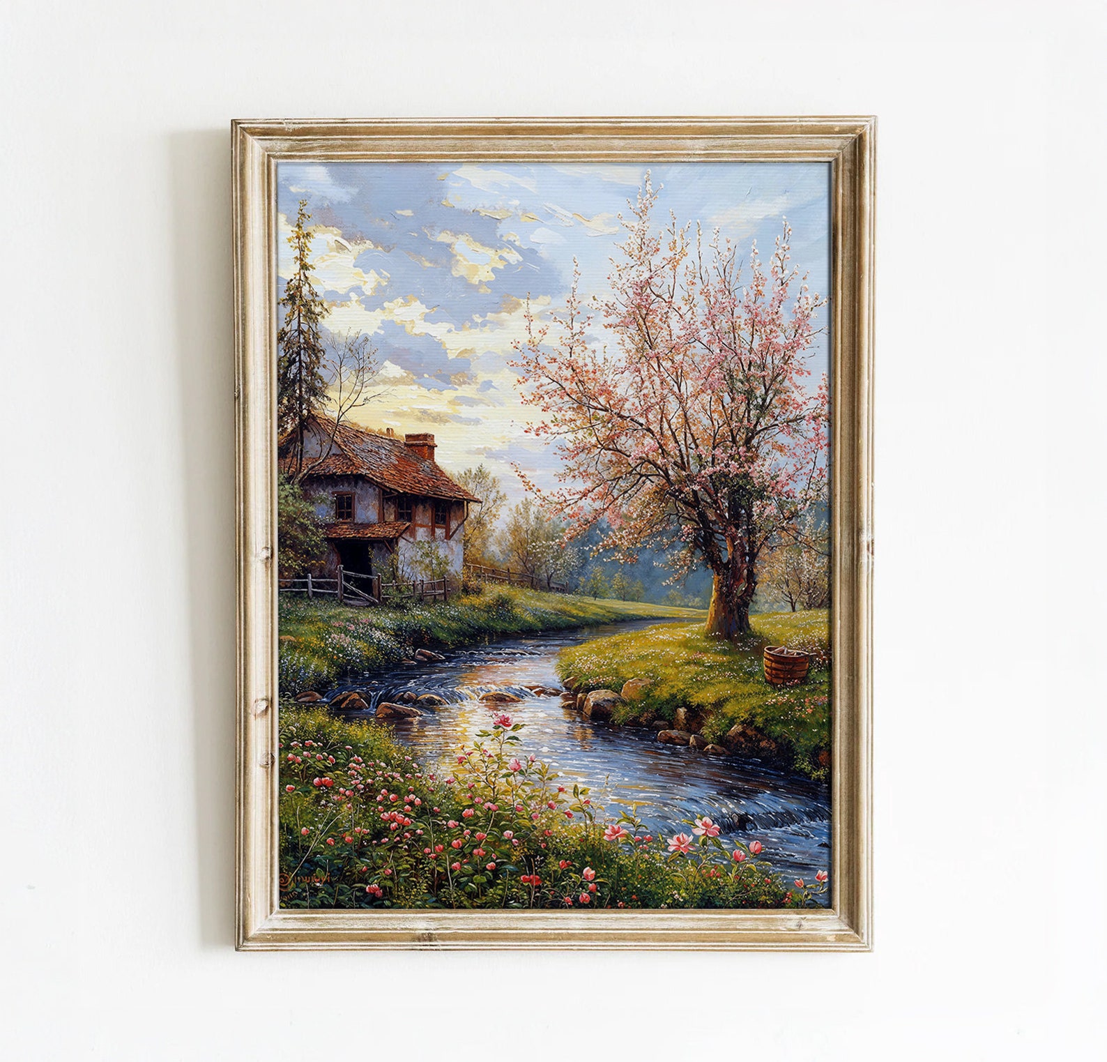 Blossoming Spring Cottage by the Stream - Tranquil Landscape Printable ...