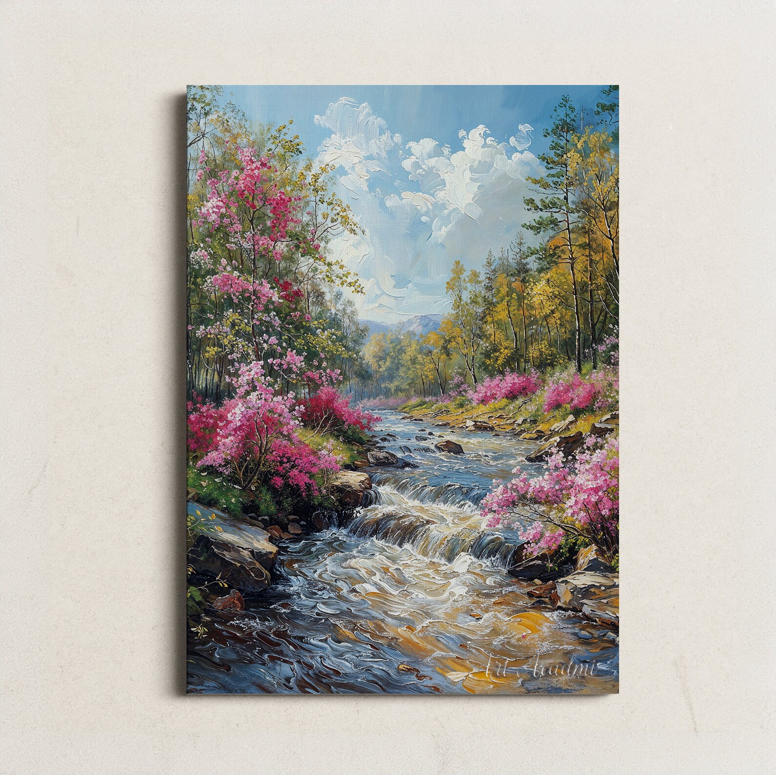 Lively Spring Stream With Blooming Flowers and Forest Scenery - Vibrant ...