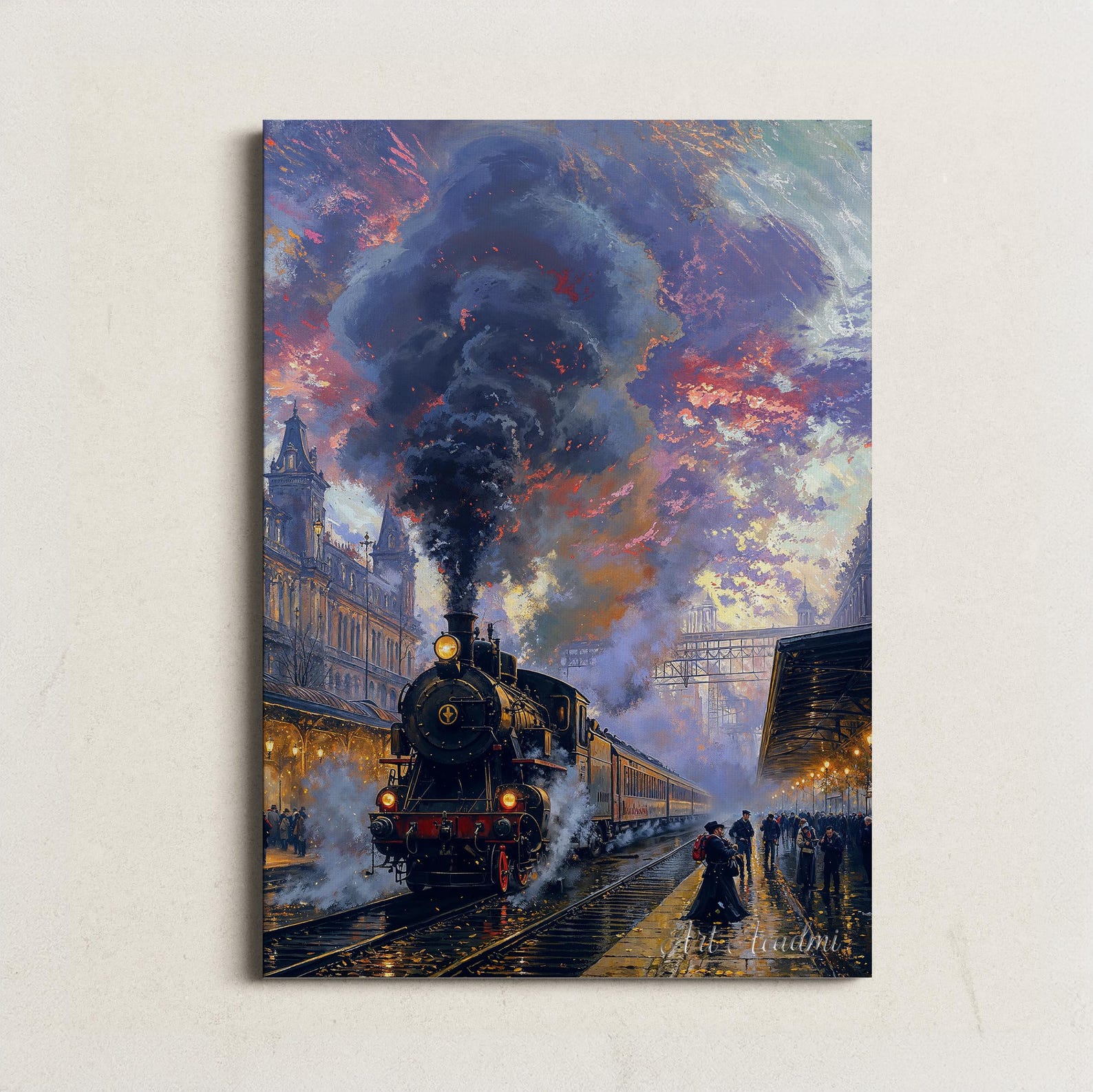 Vintage Steam Train Station Wall Art – Atmospheric Painting of ...