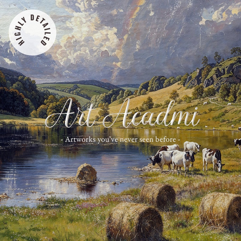 Pastoral Landscape With Cows and Hay Bales Countryside Printable Art ...