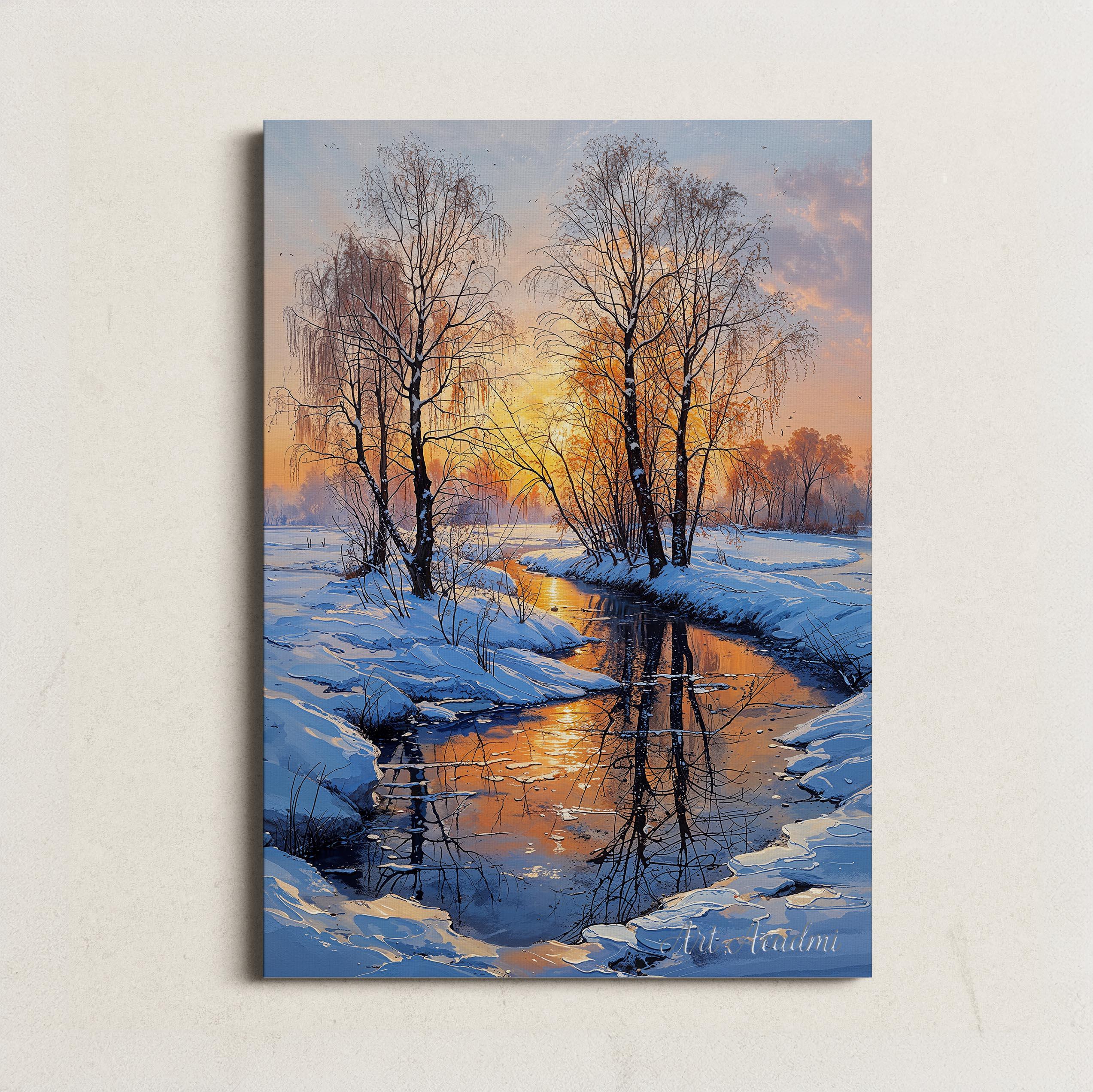 Golden Winter Sunset With Snowy Stream and Bare Trees - Serene ...