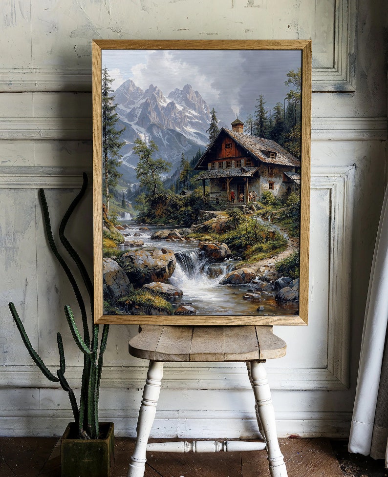 Mountain Cabin by the Stream Digital Art Print | Tranquil Alpine ...