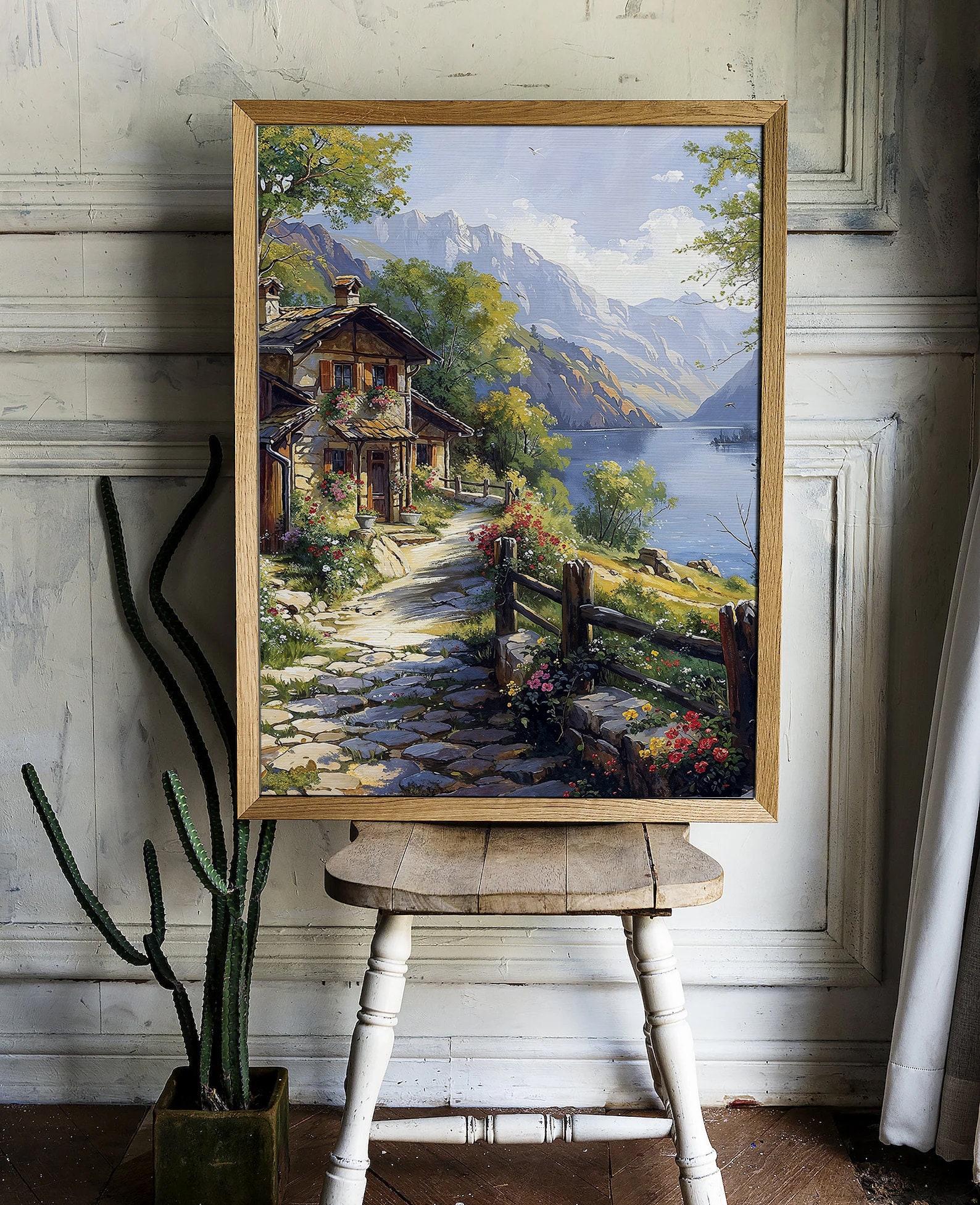Serene Cottage Pathway by the Lake With Mountain View - Digital Art ...