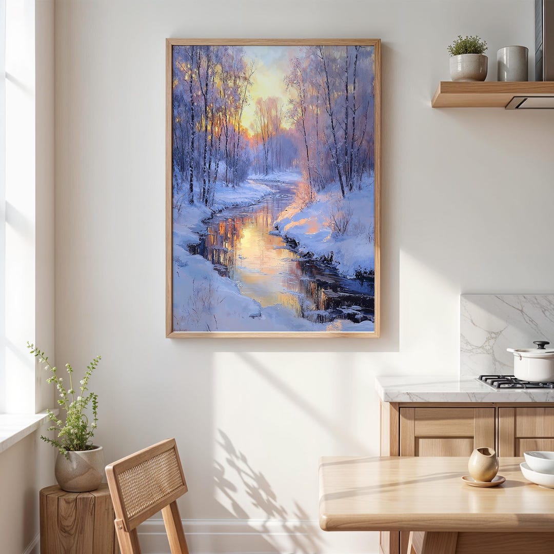 Winter Sunset River Printable, Snowy Forest Stream Wall Art, Glowing ...