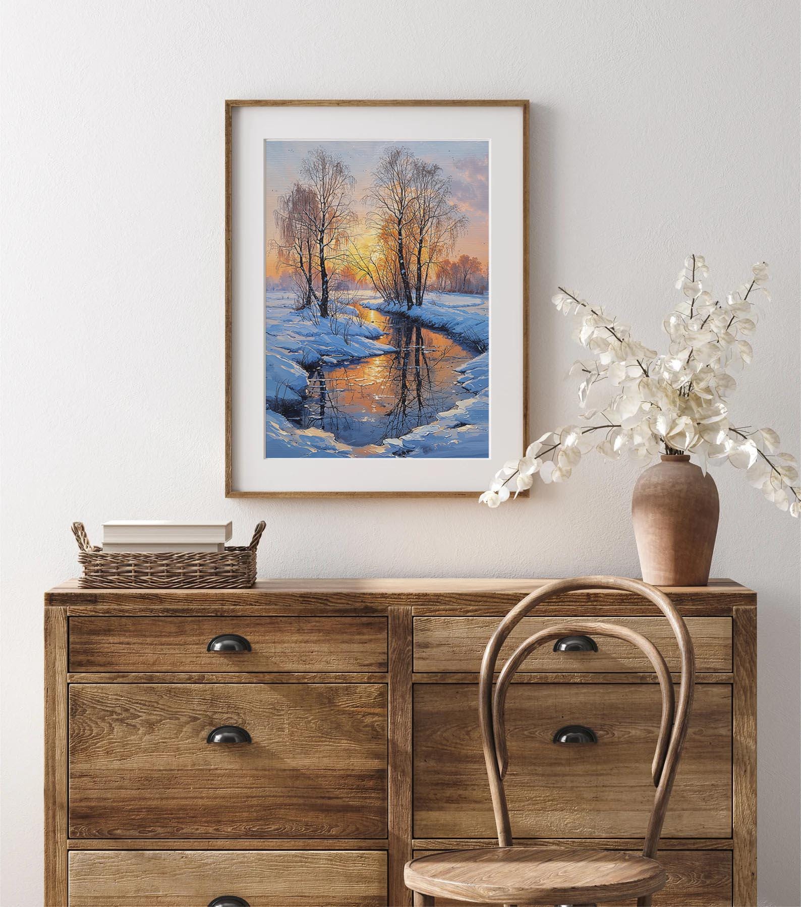 Golden Winter Sunset With Snowy Stream and Bare Trees - Serene ...