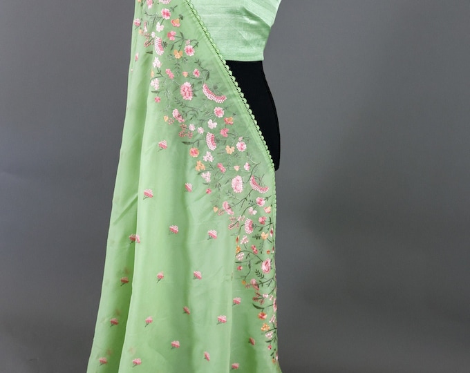 Organza Tissue Saree With Embroidery Work | Fall Pico Done - Etsy