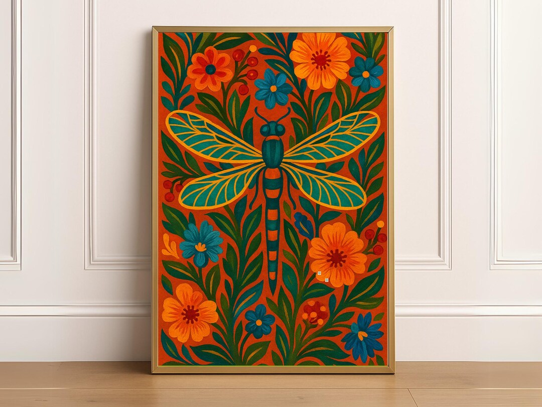 Dragonfly Wall Art Print, Maximalist Decor, Bold Botanical Insect ...