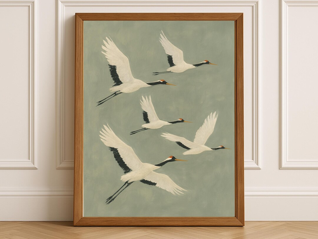 Japanese Crane Wall Art - Japandi Print Minimalist Bird Lover Gift - Japandi Neutral Flying ...