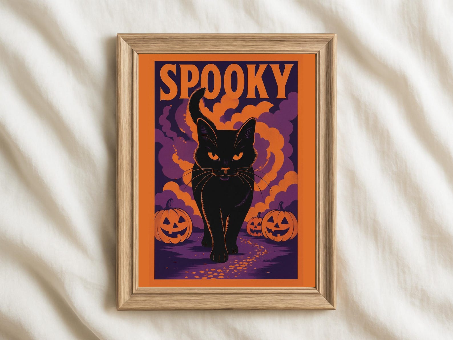 Spooky Black Cat Poster, Vintage Halloween Print, Purple and Orange ...