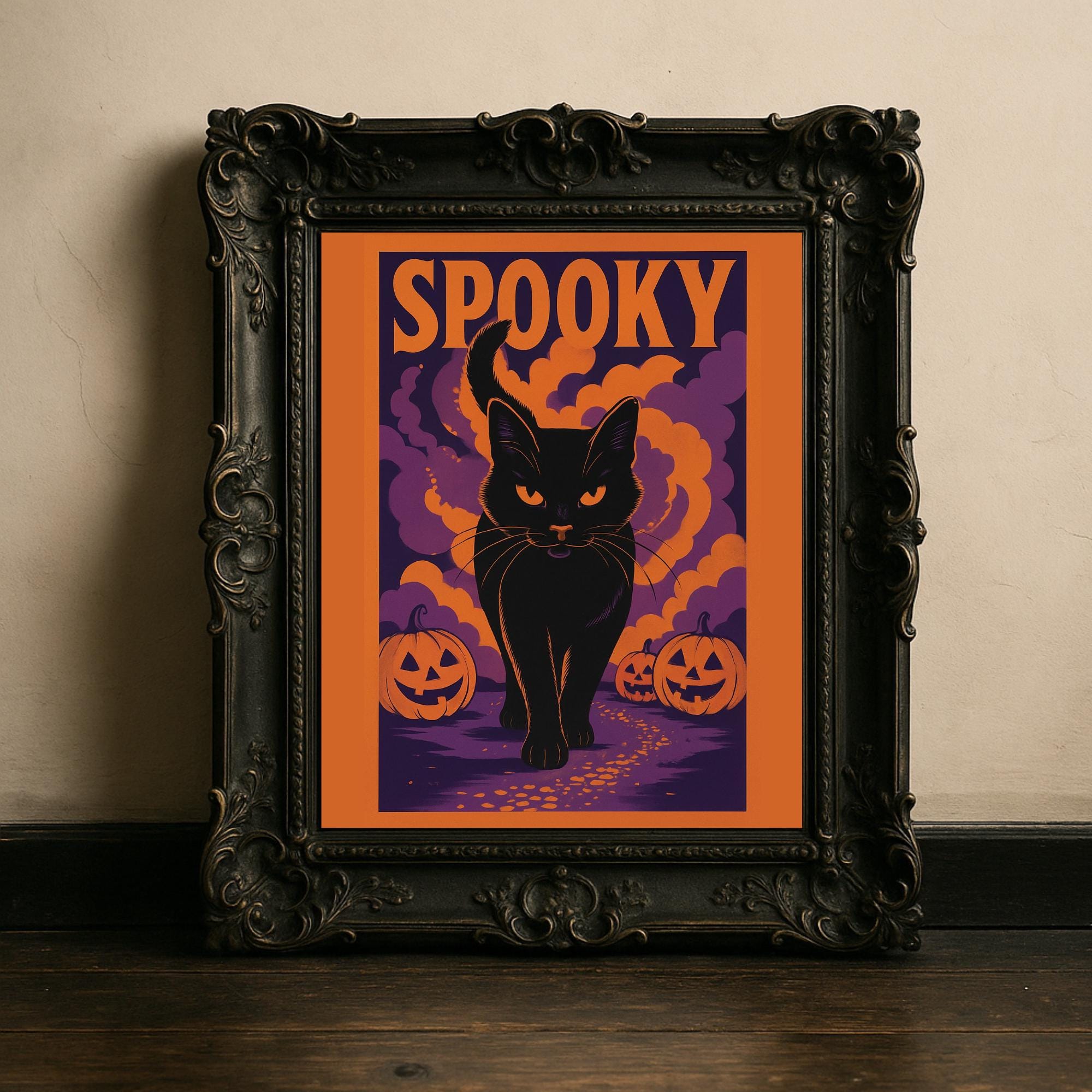 Spooky Black Cat Poster, Vintage Halloween Print, Purple and Orange ...