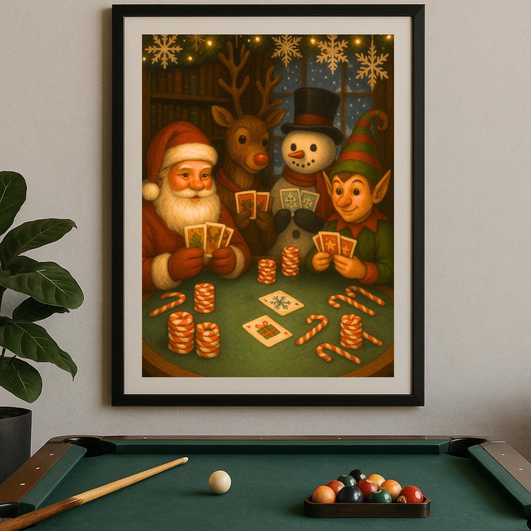 Christmas Poker Game Room Wall Art, Santa, Reindeer, Snowman, Elf ...