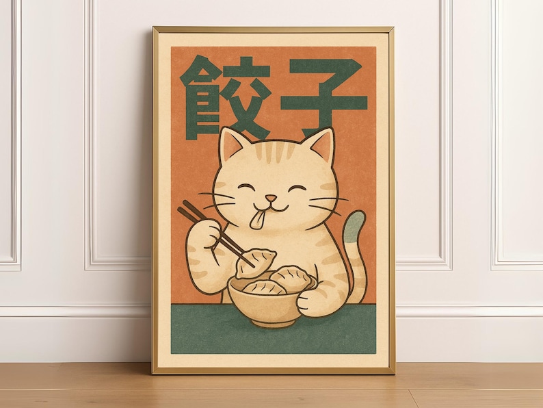 Printable Japandi Cat Wall Art, Kawaii Cat Eating Dumplings Print ...
