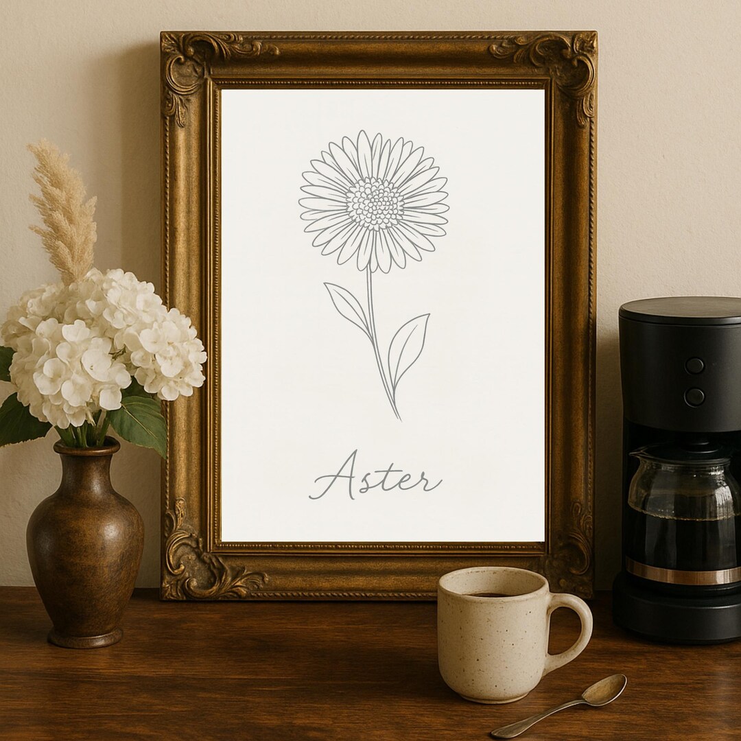 Aster Line Drawing Printable, September Birth Flower Wall Art, Modern ...