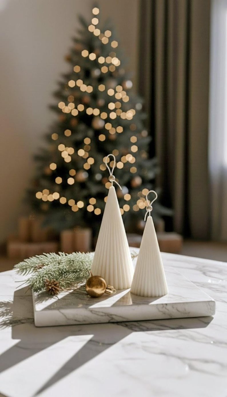 Ribbed Christmas Tree Candle • Minimalist Soy Wax Cone • Scented Gift ...