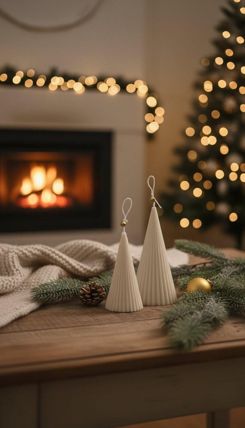 Ribbed Christmas Tree Candle • Minimalist Soy Wax Cone • Scented Gift ...