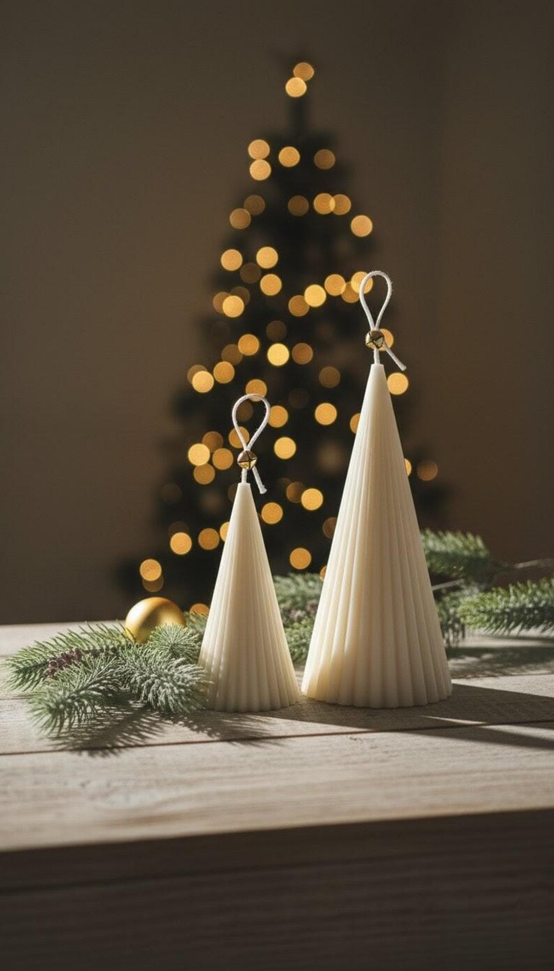 Ribbed Christmas Tree Candle • Minimalist Soy Wax Cone • Scented Gift ...