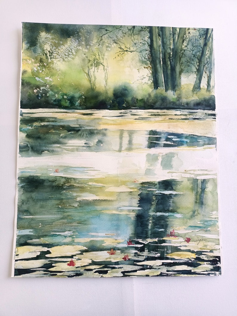 Original Hand-painted Watercolor of a Serene Pond With Forest ...