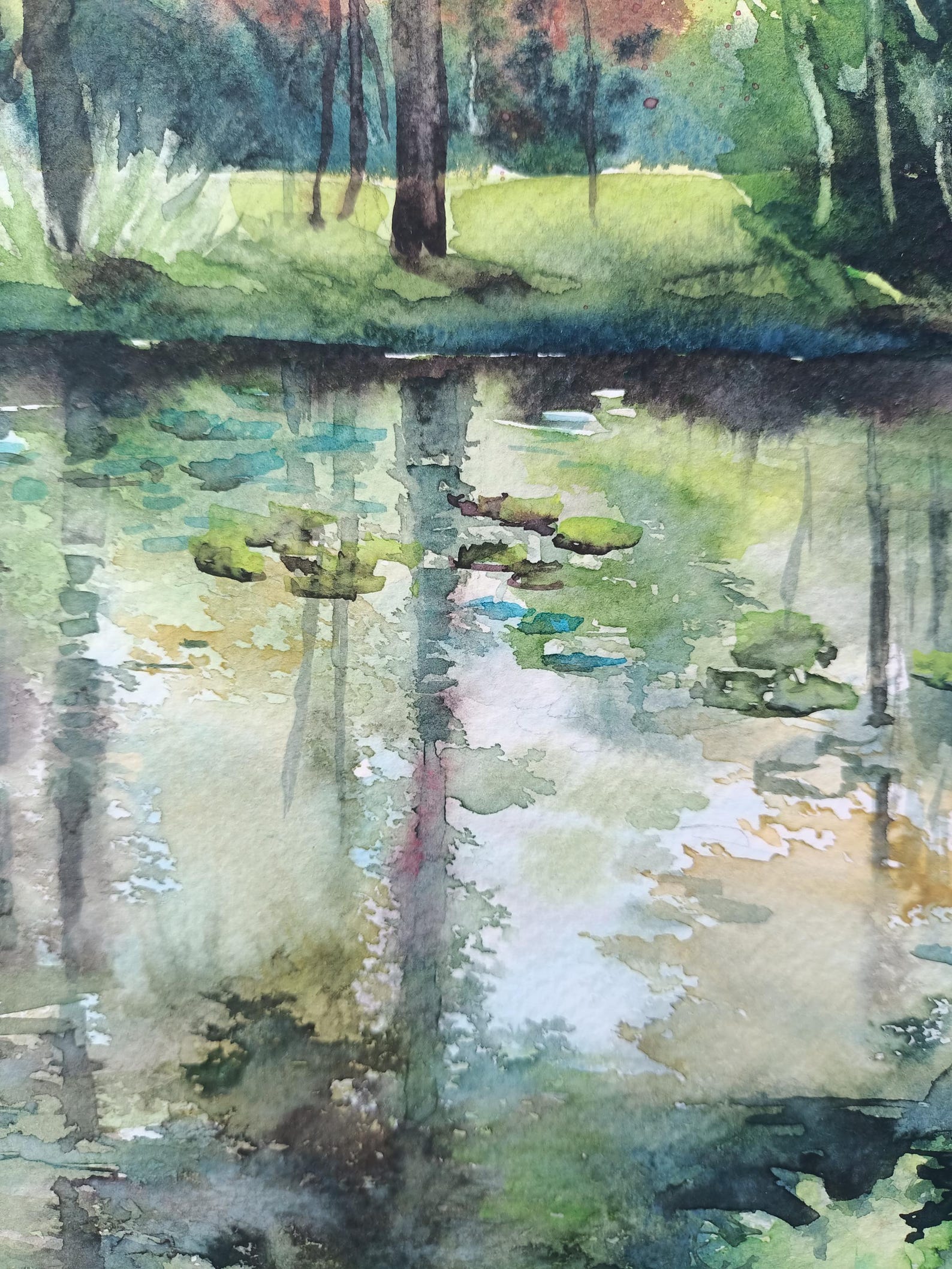 Original Hand-painted Watercolor of a Serene Pond With Forest ...