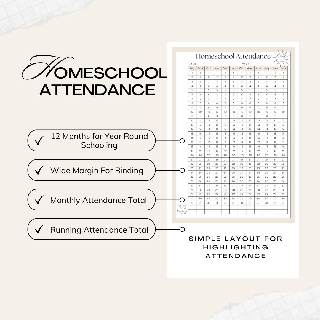 Homeschool Attendance Records, Attendance Tracker Printable Log Student ...