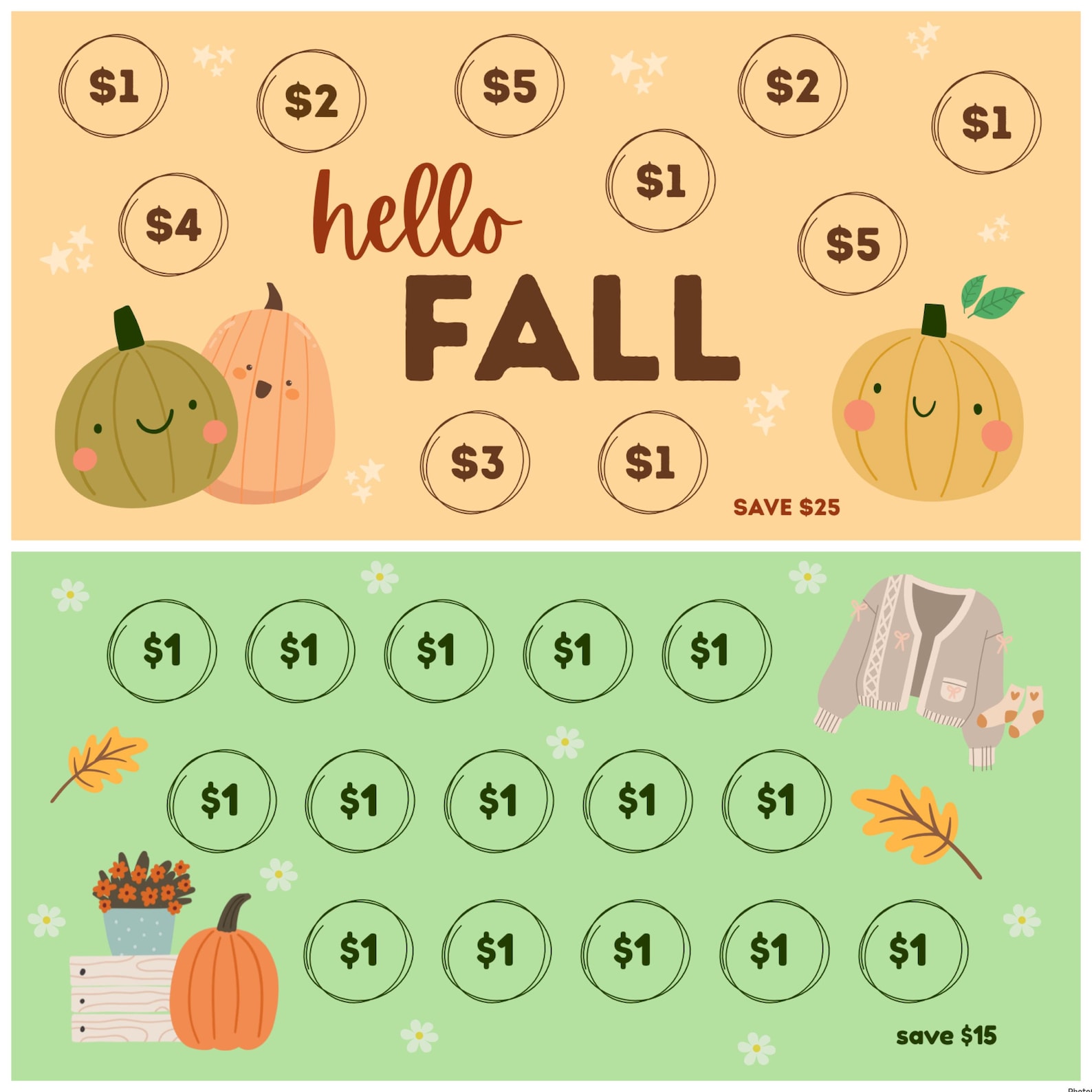 Fall Mini Easy Savings Challenge Set of 2 A6 Envelope Inserts for Cash ...