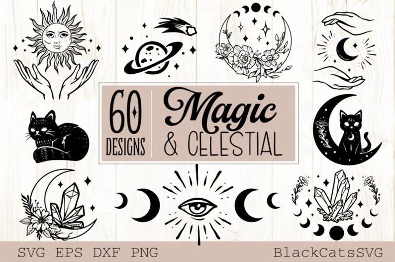Magic & Celestial SVG Bundle 60 Designs Astrology, Witchcraft, Sun and ...