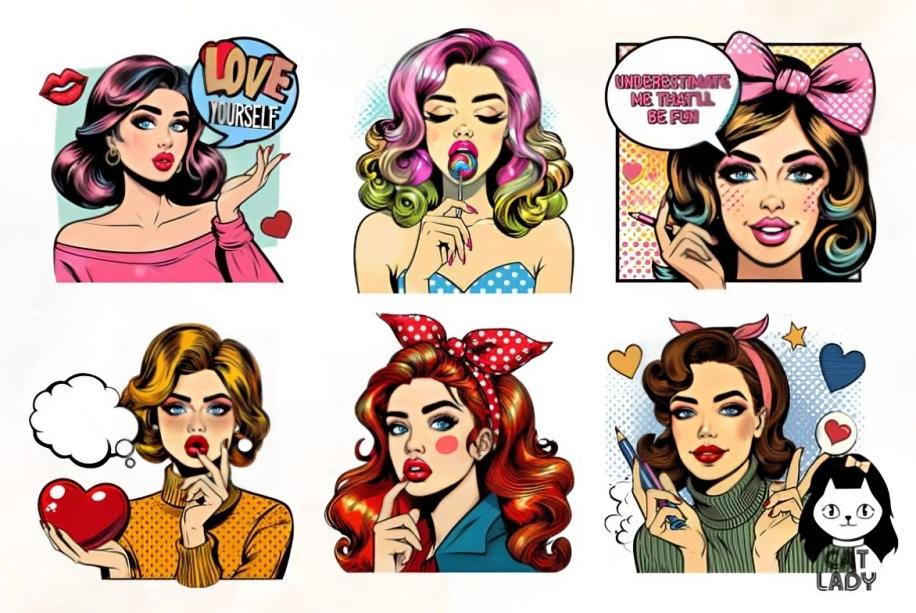 24 Retro Comic Style Pop Art Girls Png Bundle, Pop Art Png, Pop Art ...