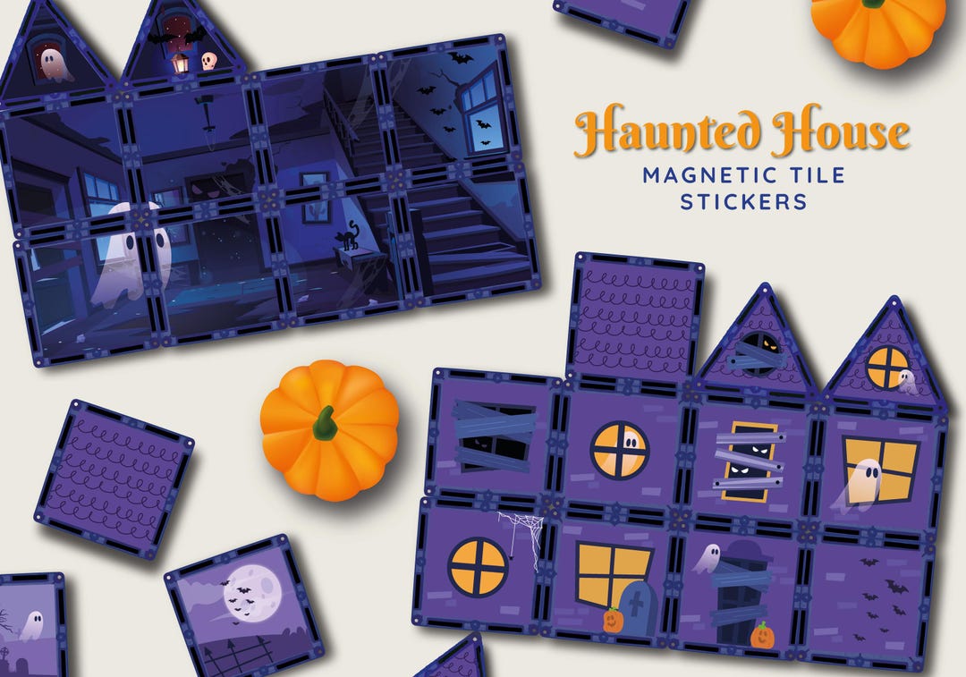 41 Halloween Magnatile Stickers Toppers Haunted House Spooky Ghost Fine ...
