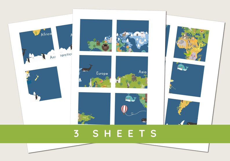 World Map Continents Magnetic Tile Stickers Toppers Instant Digital ...