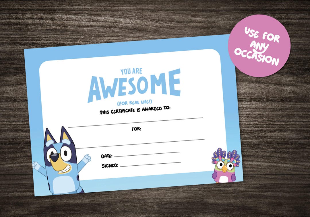 Bluey Certificate Party Favour Printable Game Prize Reward - Etsy