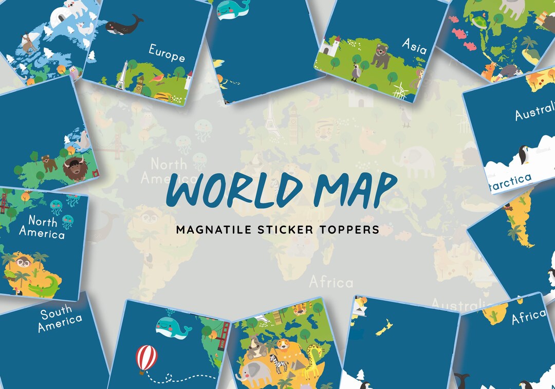 World Map Continents Magnetic Tile Stickers Toppers - Instant Digital ...