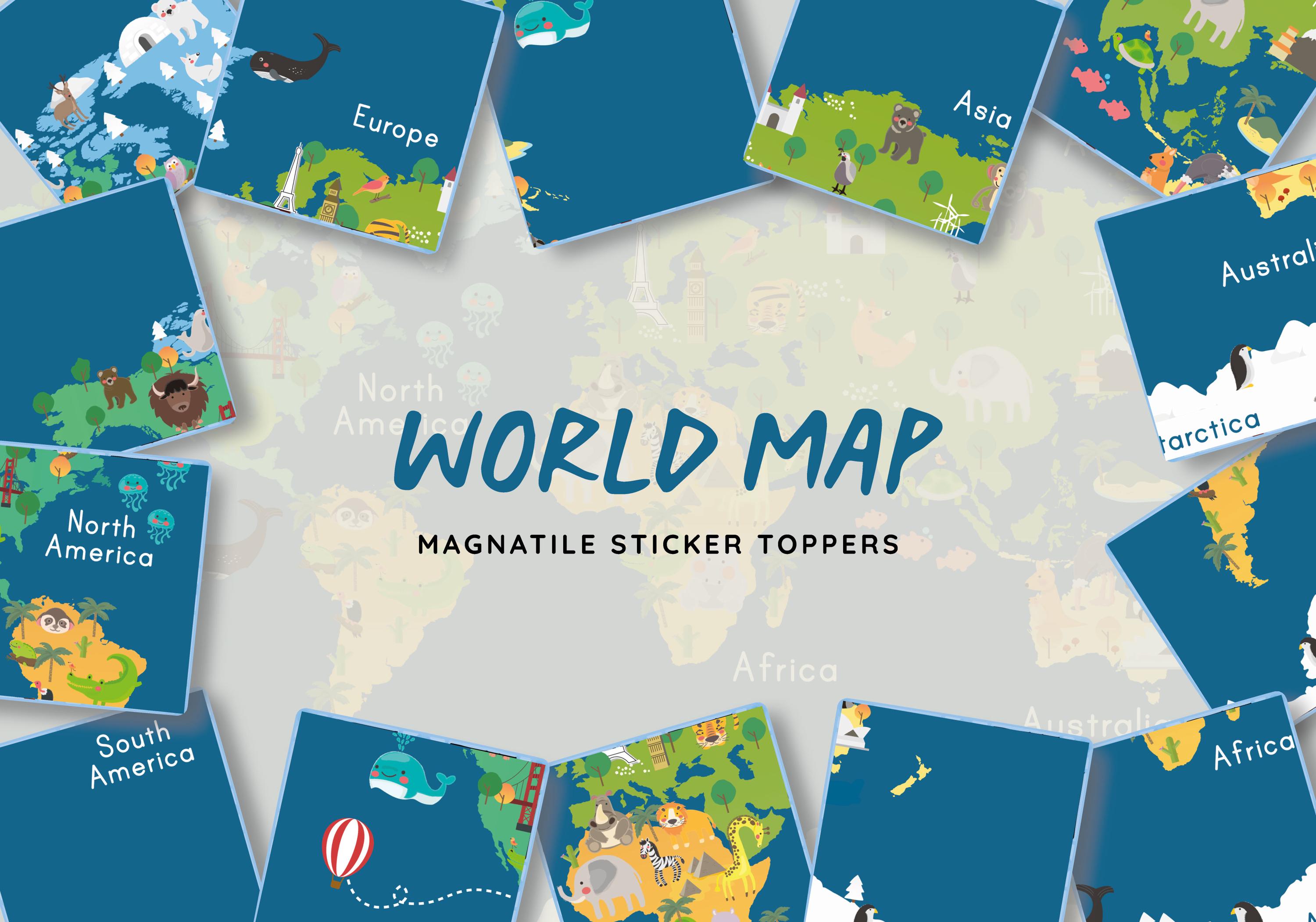 World Map Continents Magnetic Tile Stickers Toppers - Instant Digital ...