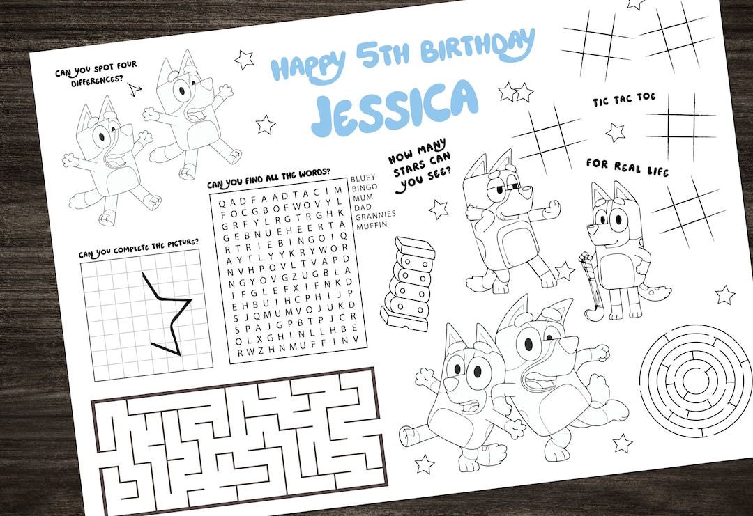 Personalised Bluey Activity Sheet Printable Maze, Colouring, Spot the ...