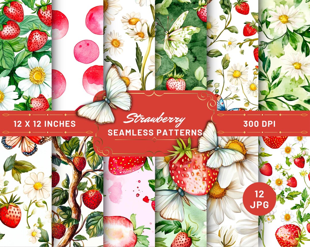 Watercolor Strawberry Seamless Patterns,daisy Seamless Patterns,digital ...