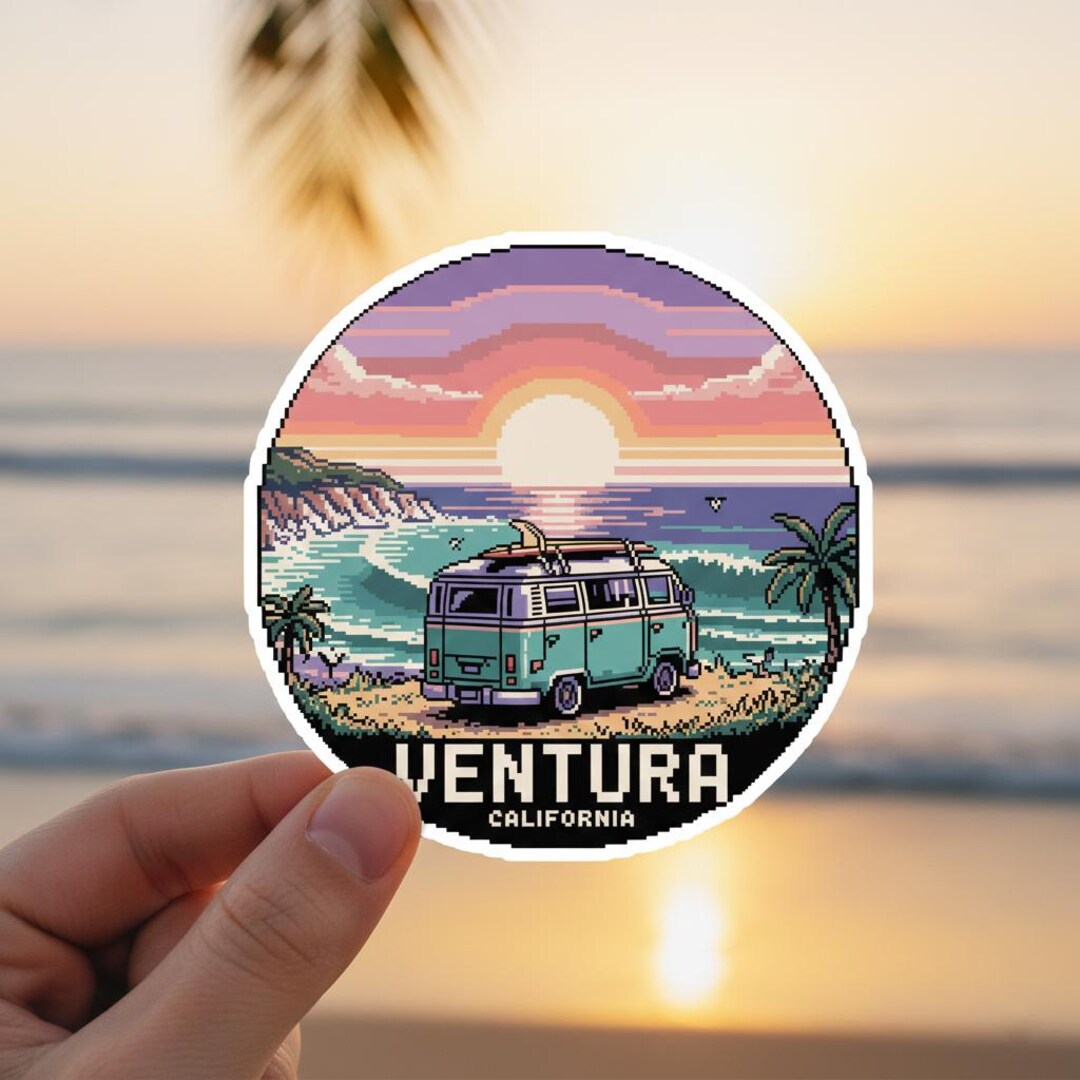 Ventura California Pixel Art Sticker - Retro Sunset Surf Van Design - Etsy