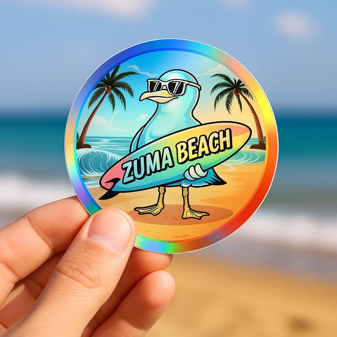 Zuma Beach Holographic Sticker - Cool Seagull Surfboard, Retro Summer ...
