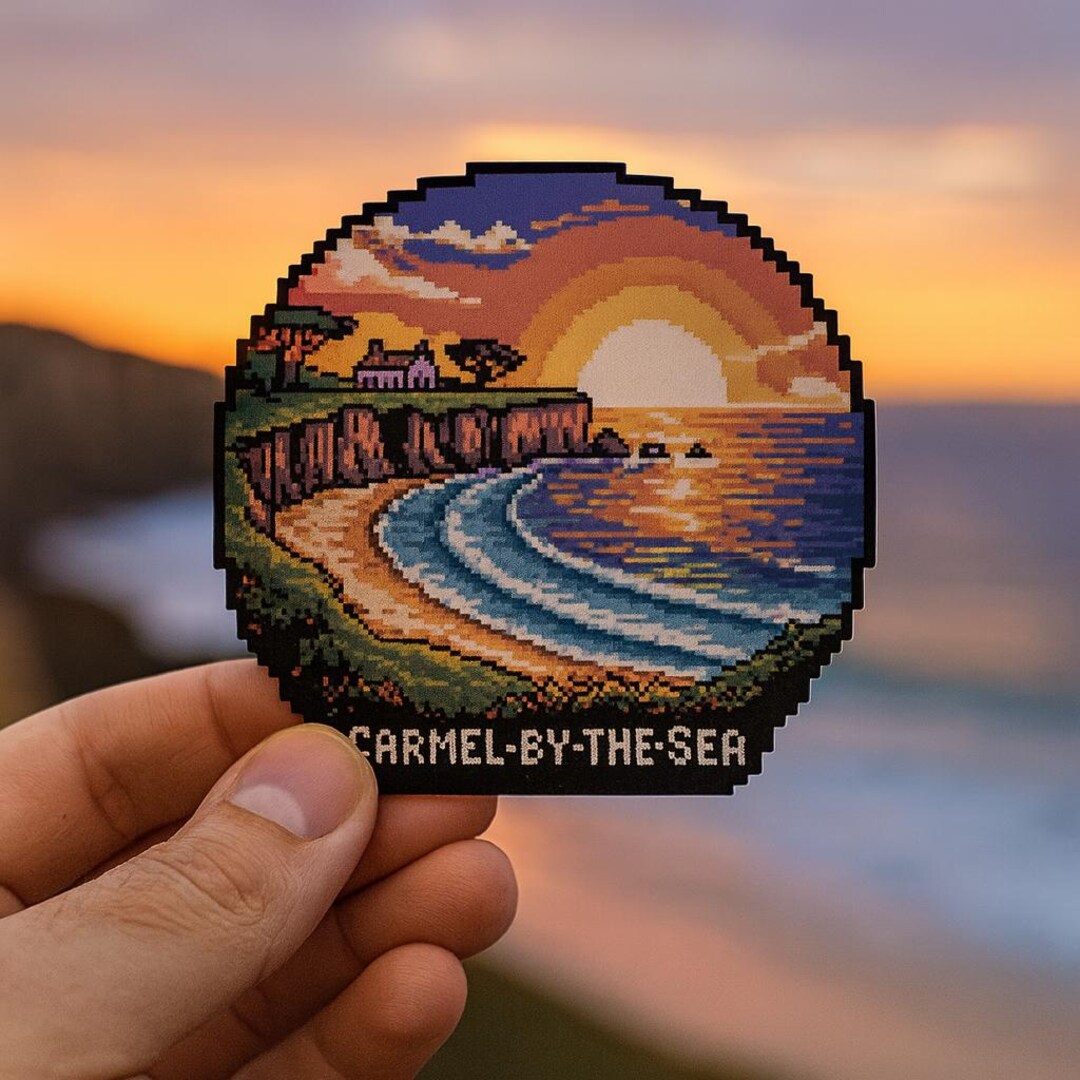 Carmel-by-the-sea Sticker: Retro Pixel Art Sunset, Coastal California ...
