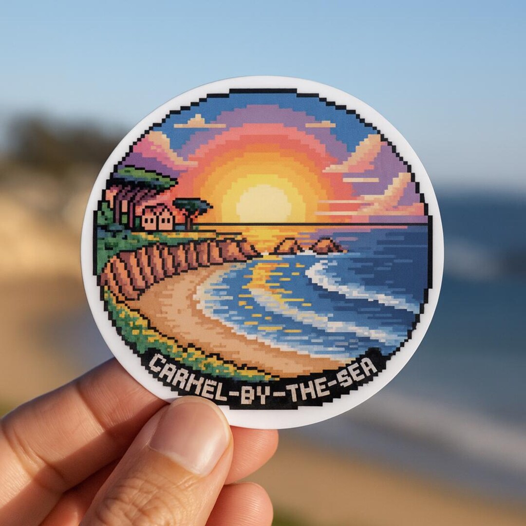 Carmel-by-the-sea Sticker: Retro Pixel Art Sunset, California Souvenir ...