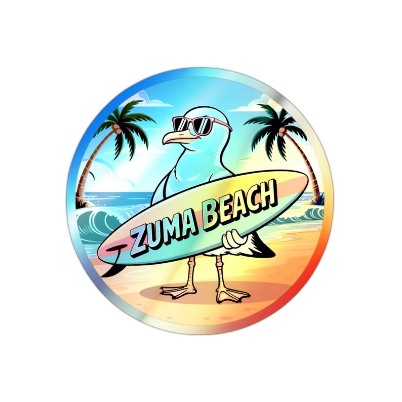 Zuma Beach Holographic Sticker - Cool Seagull Surfboard, Retro Summer ...