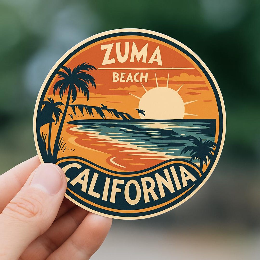 Zuma Beach, California - Vintage Sunset Sticker | Coastal Vibes & Palm ...