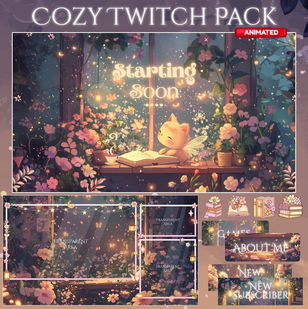 Cozy Cat Twitch Pack / Dreamy Moon / Pastel Spring / Cute Fairy / Books ...