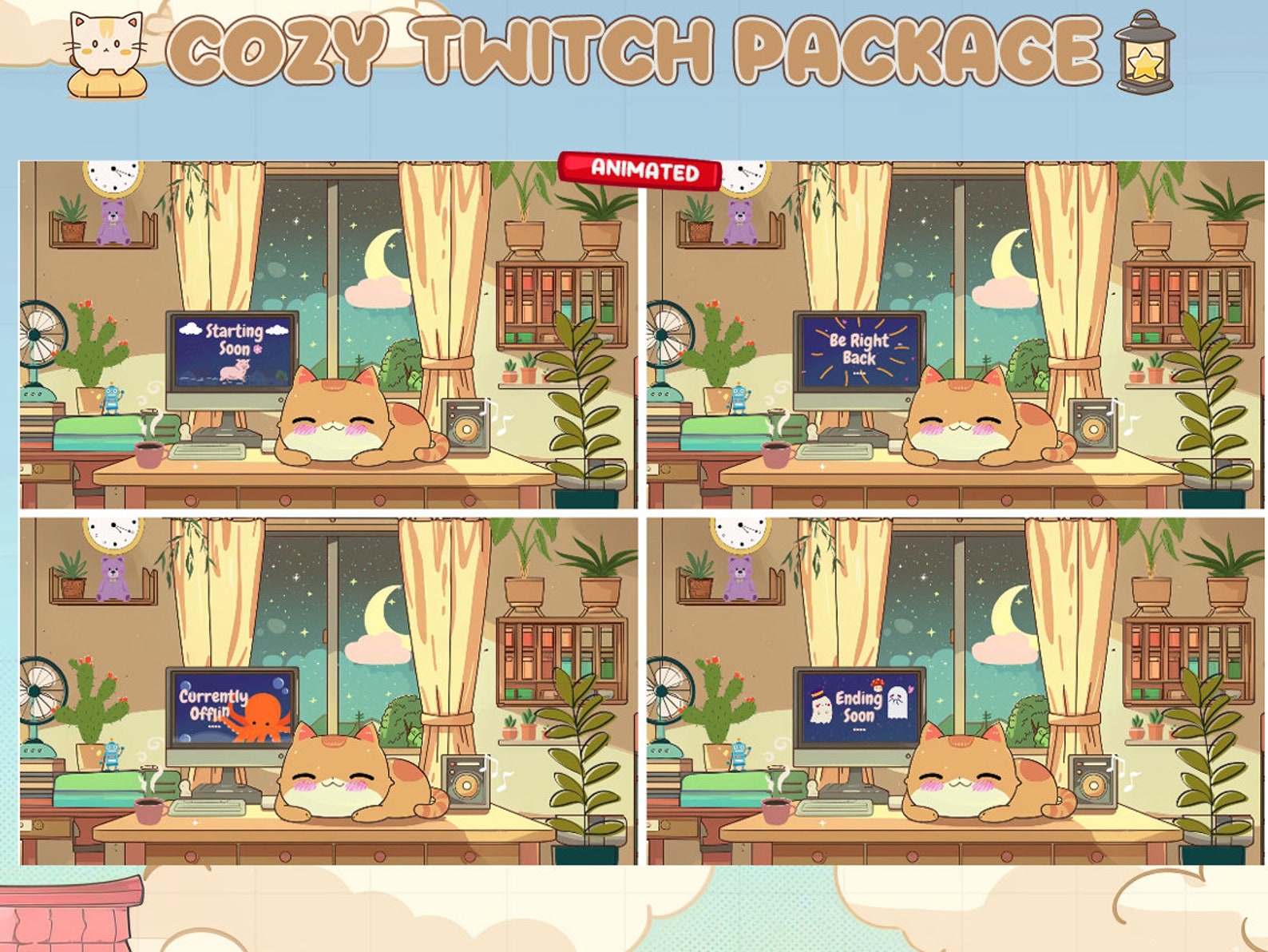 Animated Cozy Twitch Stream Package| Cat | Cozy | Flower | Kawaii ...