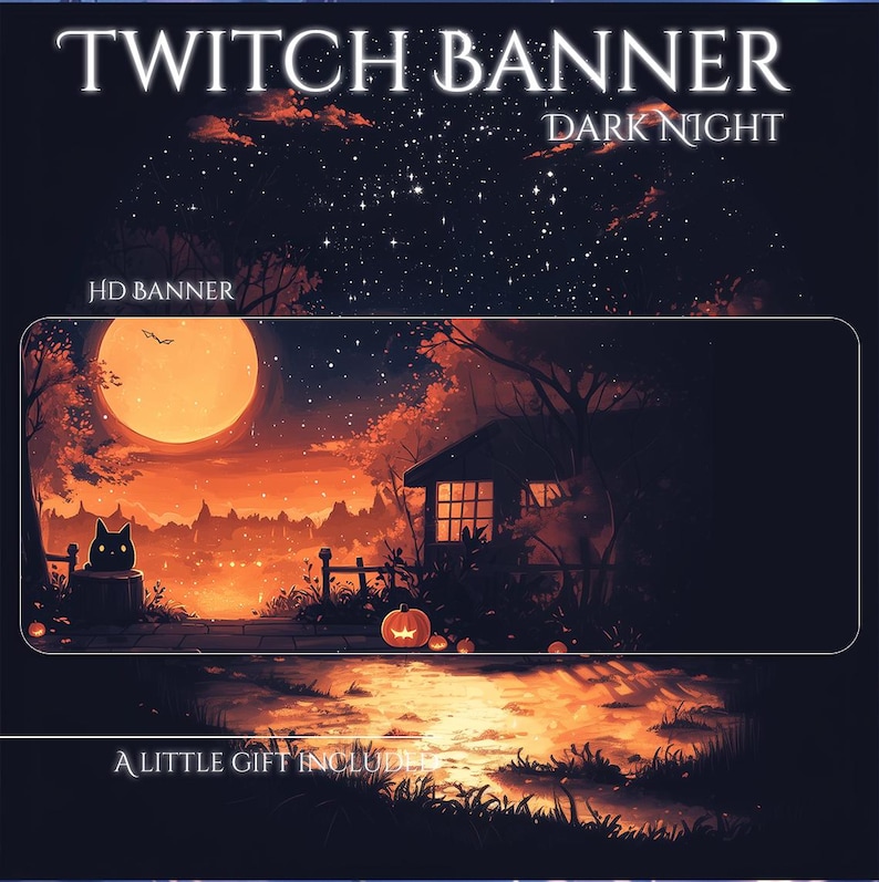 Dark Night Twitch Banner, Spooky Halloween, Black Cat, Pumpkin Banners ...