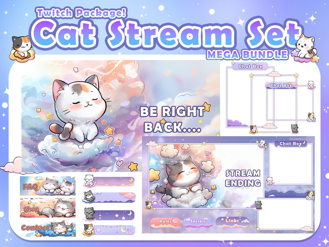 Bundle Cat Stream Overlay Set for Twitch, Youtube Cat Overlay Stream ...