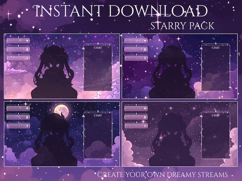 Starry Witch Twitch Overlay, Moon Cosmic Stream Pack, Purple Night ...