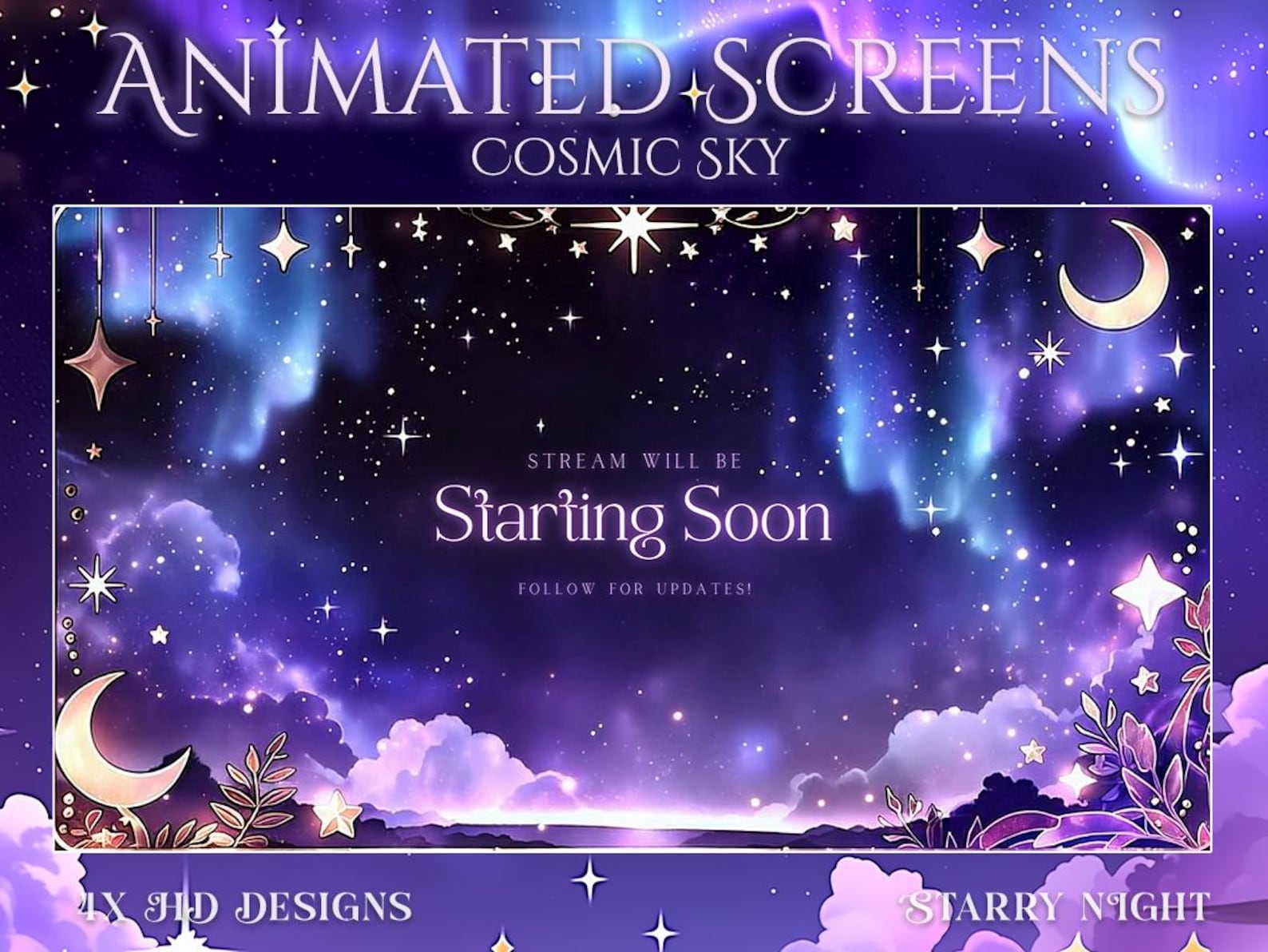 Cosmic Celestial Starry Animated Twitch Screens Package, Aurora Stream ...