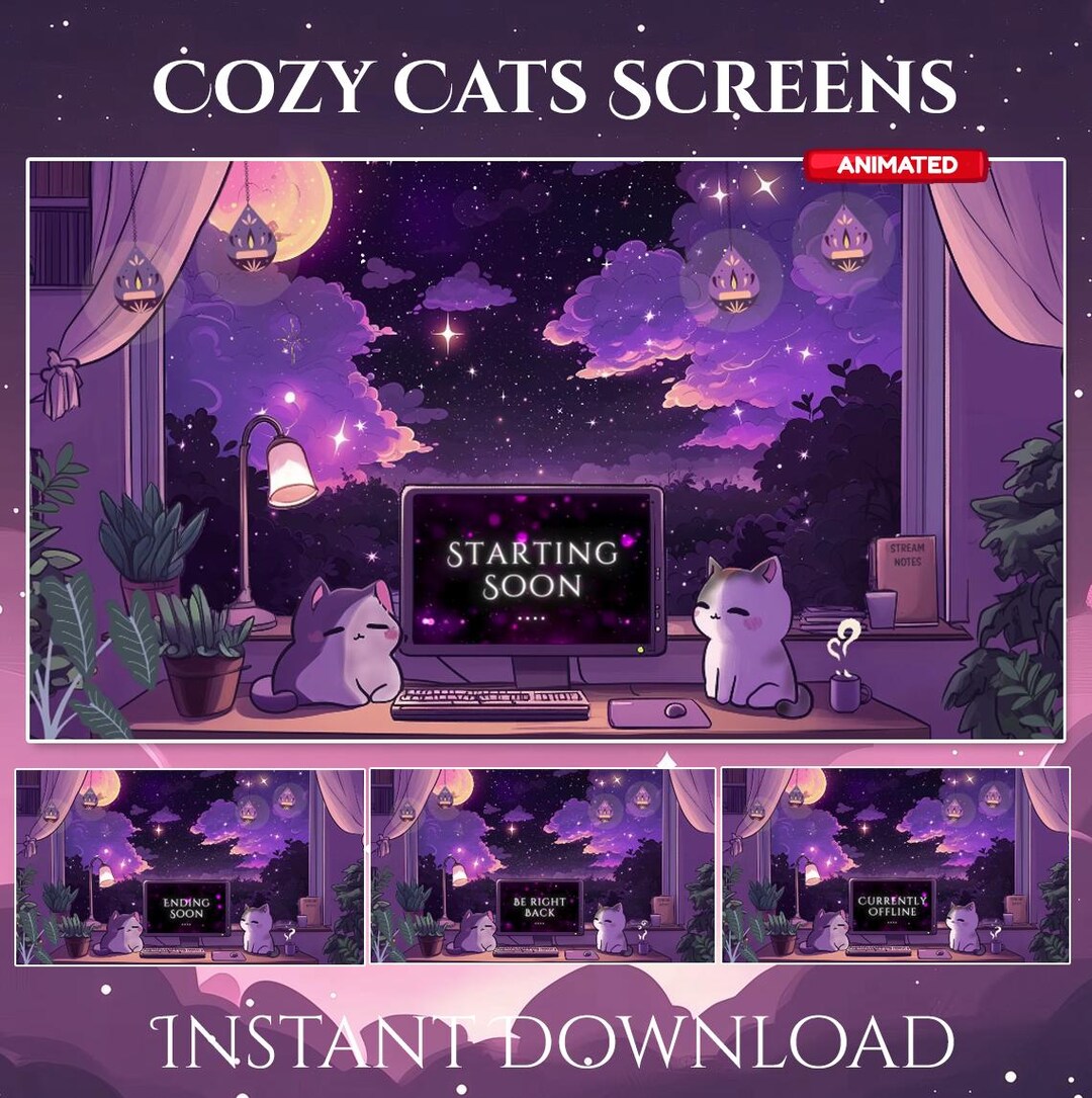 Cozy Cats Screens, Twitch Screen | Animated Overlay Stream Package, Cat ...