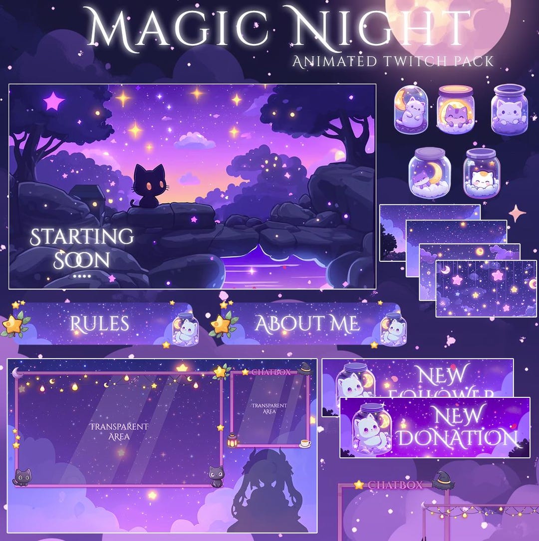 Black Cat Magic Night Twitch Overlay | Animated Overlay Stream Package ...
